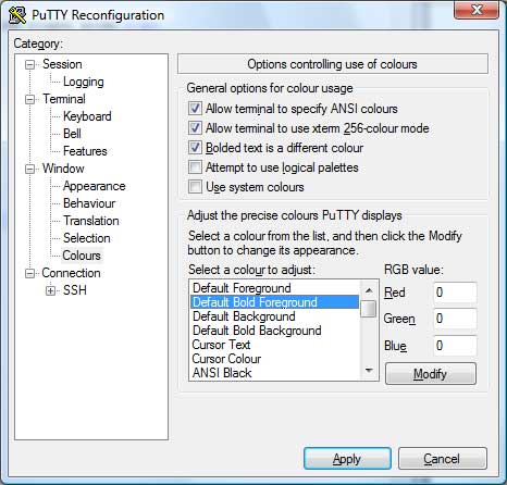 Configuring the appearance of Putty